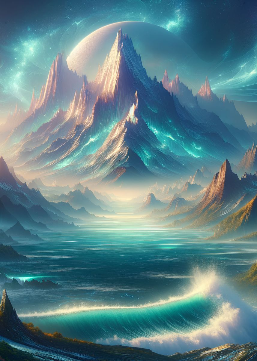 'Ocean Mountain Landscape' Poster, picture, metal print, paint by ...