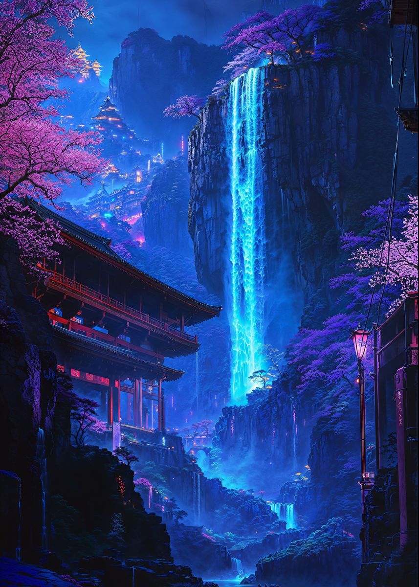 'Neon Sakura Waterfall Art ' Poster, picture, metal print, paint by ...