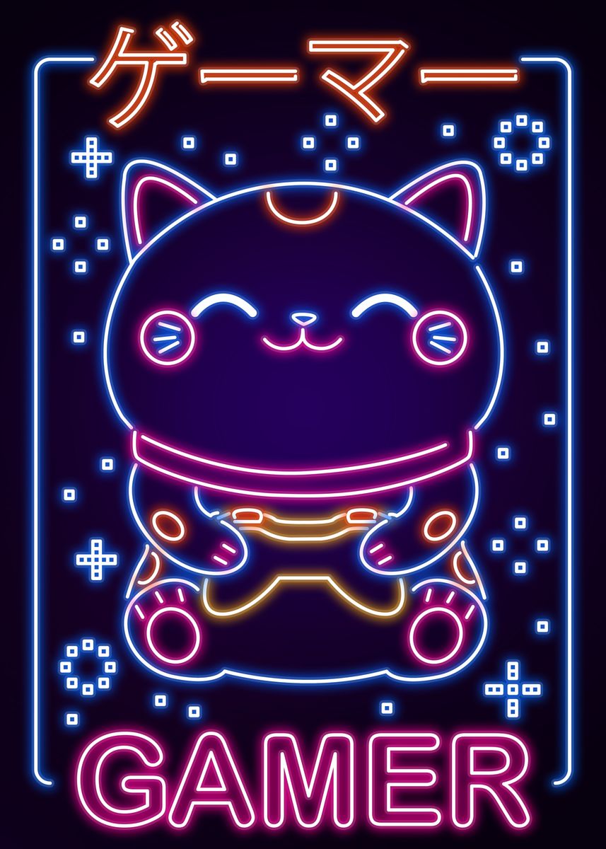 'Neon Kawaii Neko Gamer' Poster, picture, metal print, paint by Donnie ...