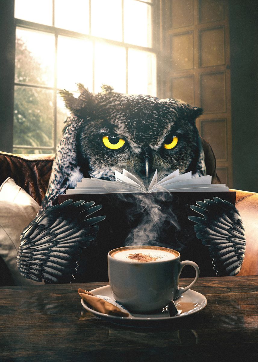 'Owl with Coffee' Poster, picture, metal print, paint by Adam Cousins ...