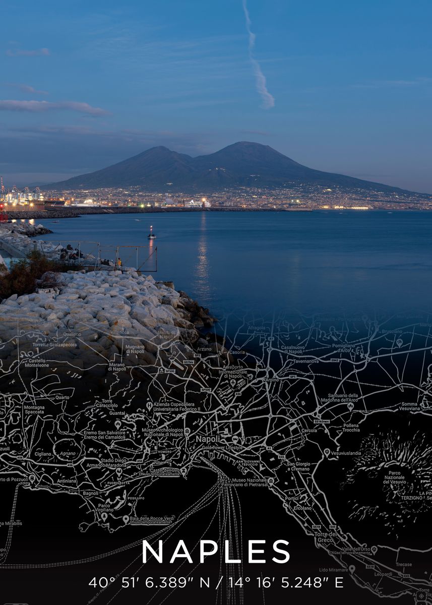'Naples City Map Dark' Poster, picture, metal print, paint by Gianluca Pugliese | Displate