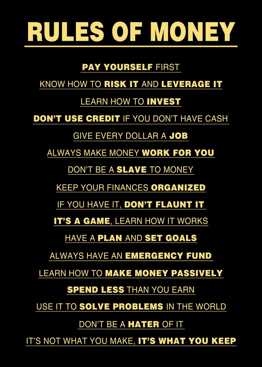 'Rules Of Money Poster' Poster, picture, metal print, paint by QTK ...