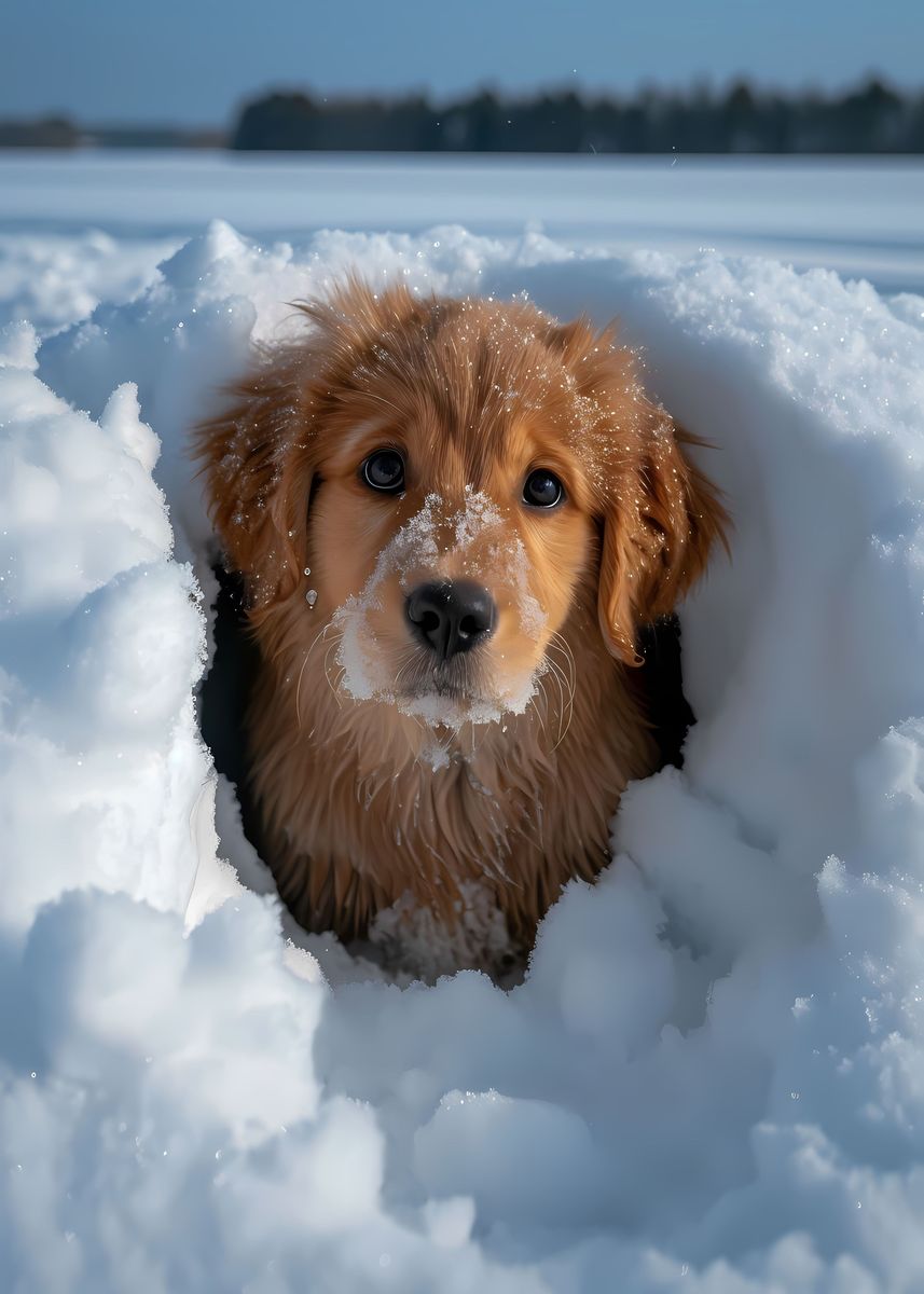 'Golden Retriever Snow Pup' Poster, picture, metal print, paint by ...