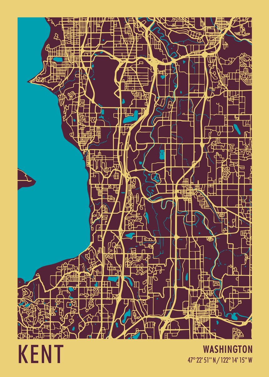 'Kent Washington Map' Poster, picture, metal print, paint by Miracle Studio | Displate