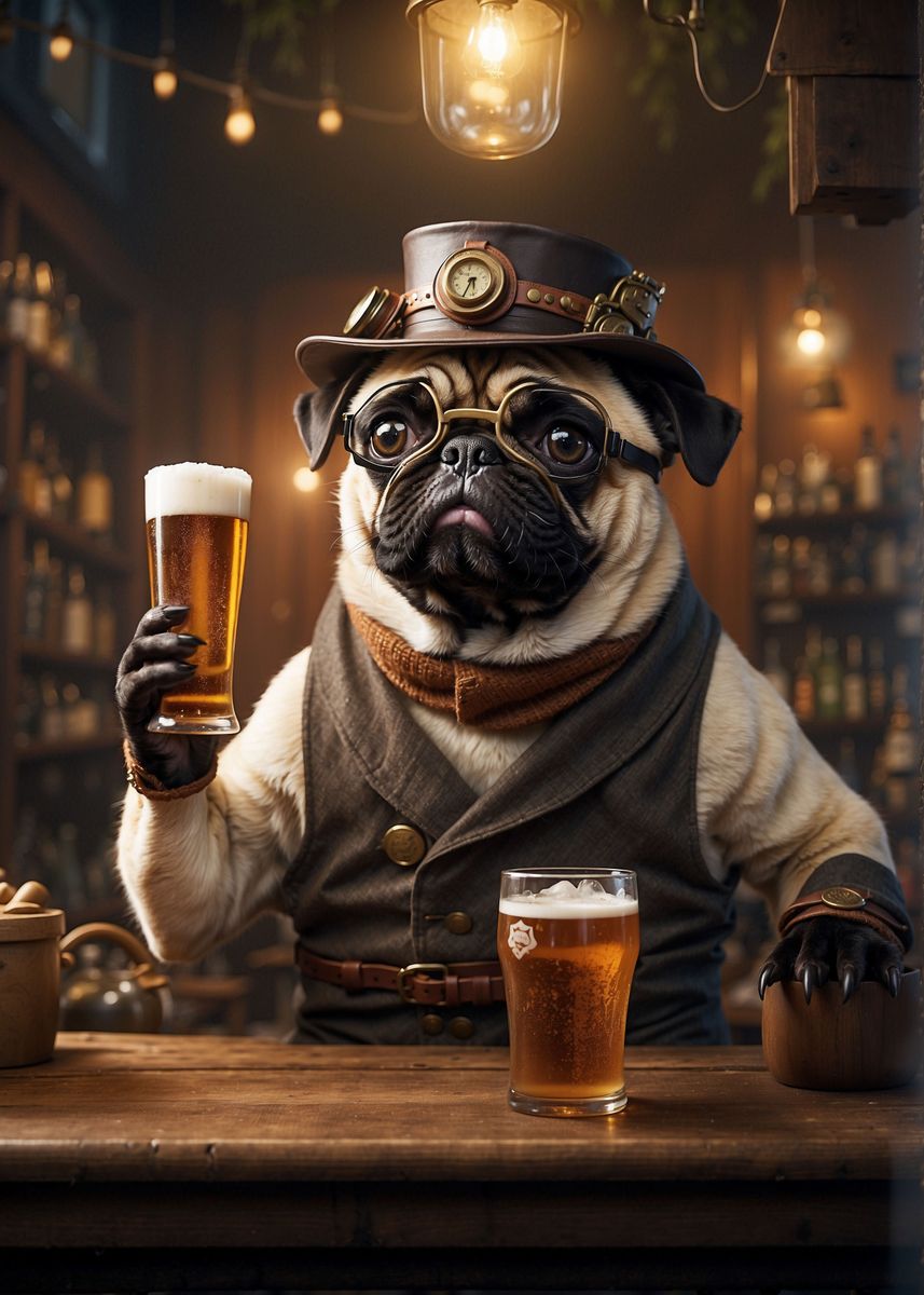 'Steampunk Craft Beer Pug' Poster, picture, metal print, paint by Mudge ...