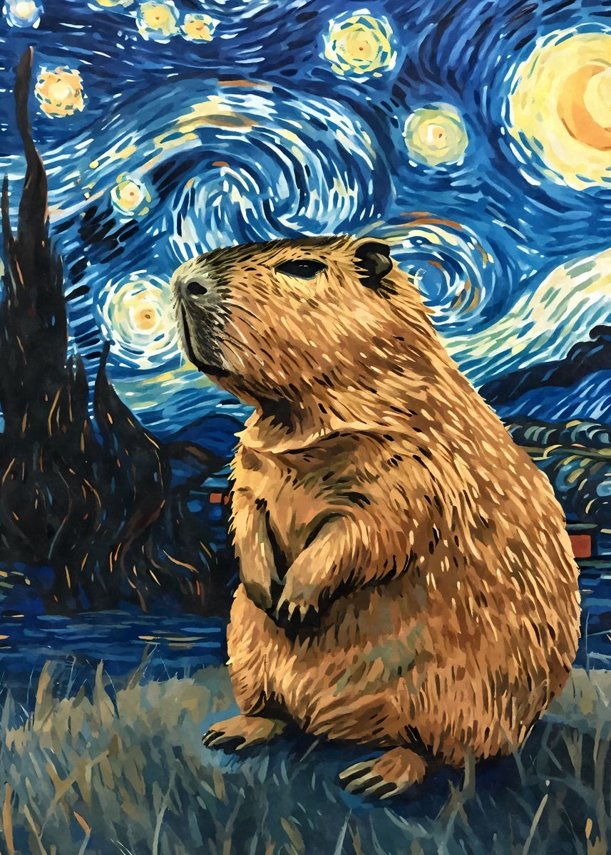 'Capybara Starry Night' Poster, picture, metal print, paint by Masaki ...