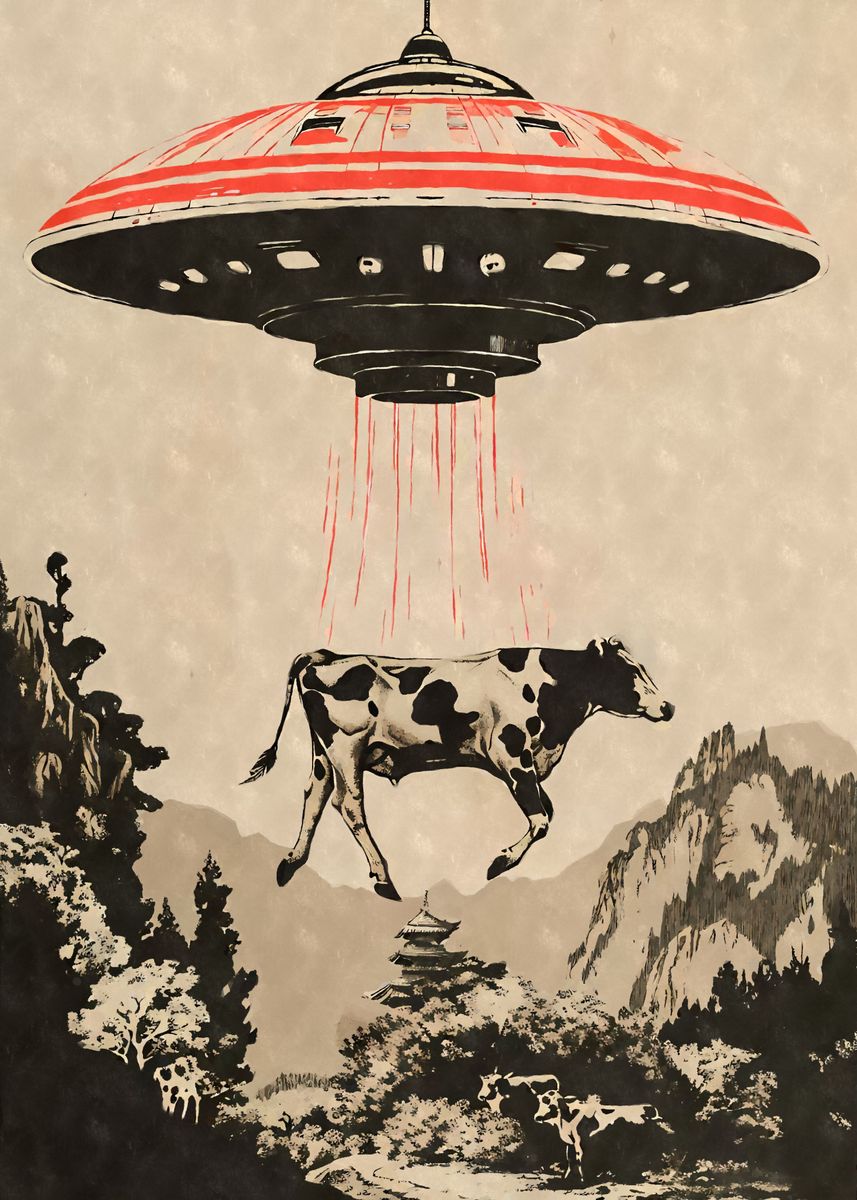 'Cow Abducted by Aliens' Poster, picture, metal print, paint by Masaki ...