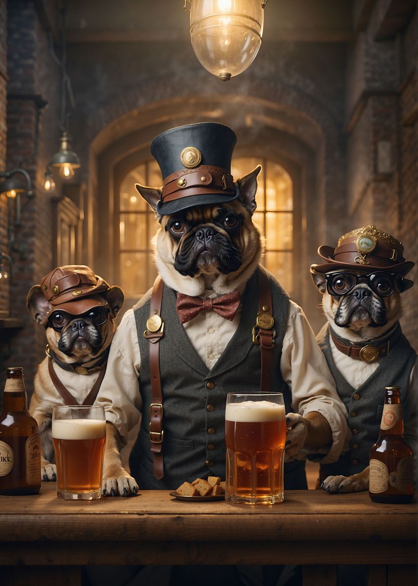 'Steampunk Craft Beer Pugs' Poster, picture, metal print, paint by ...