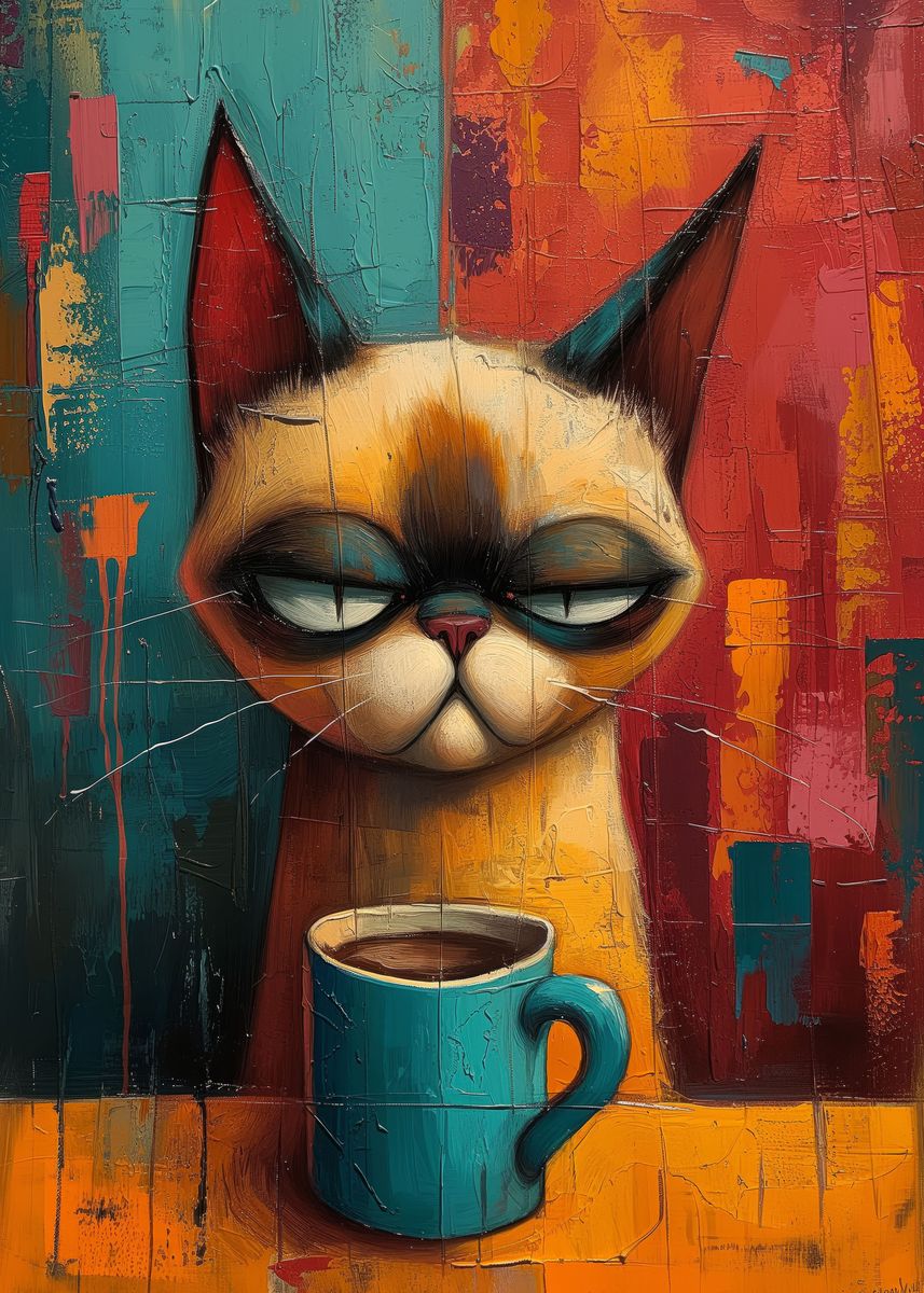 'Cat Morning Coffee' Poster, picture, metal print, paint by AnneLaure ...