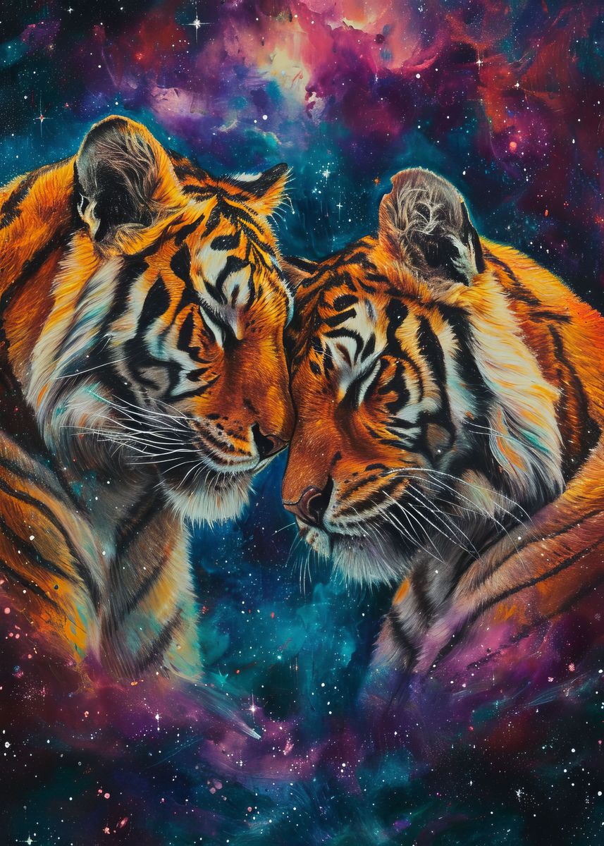 'Two Tigers In Love' Poster, picture, metal print, paint by Frank Hirschle | Displate