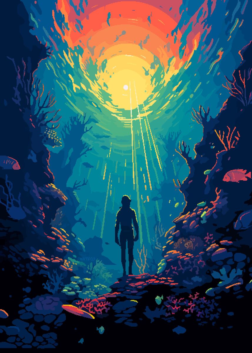 'Pixel Art Tropical Diver' Poster, picture, metal print, paint by ...