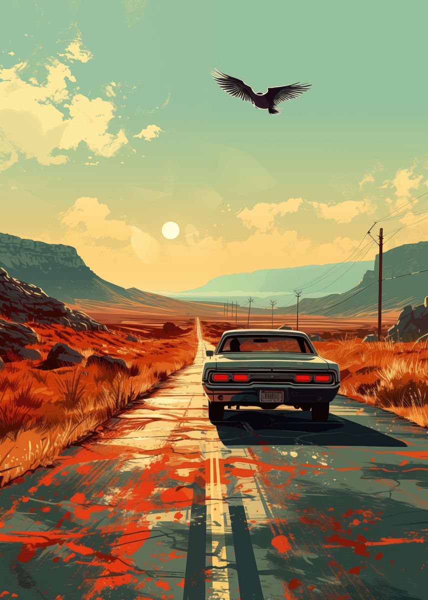 'Retro Car Sunset Drive' Poster, picture, metal print, paint by ...