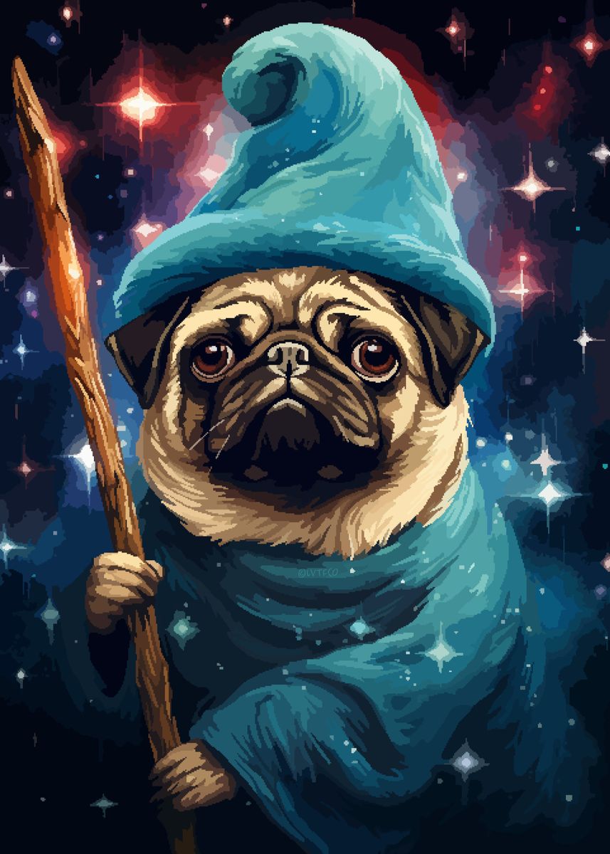 'Funny Pug Wizard Pixel Art' Poster, picture, metal print, paint by ...