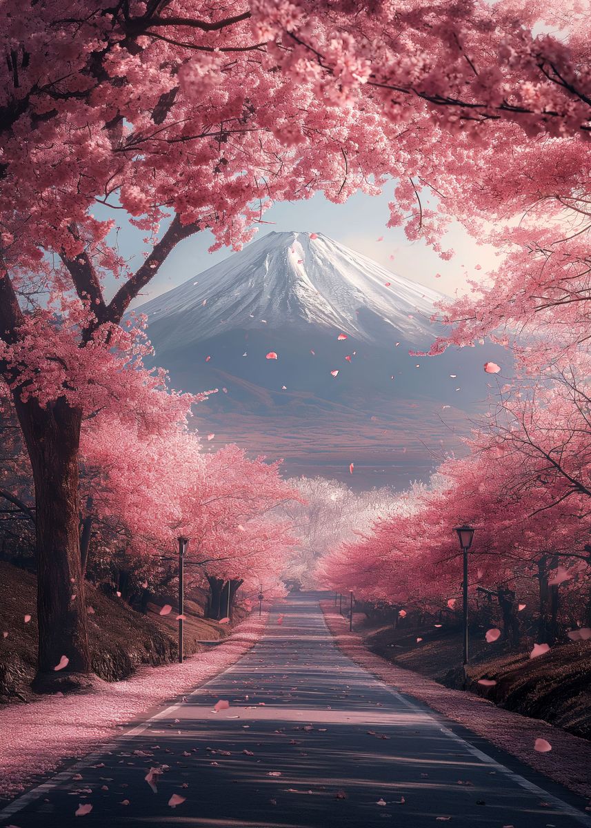 'japan road and sakura tree' Poster, picture, metal print, paint by ...