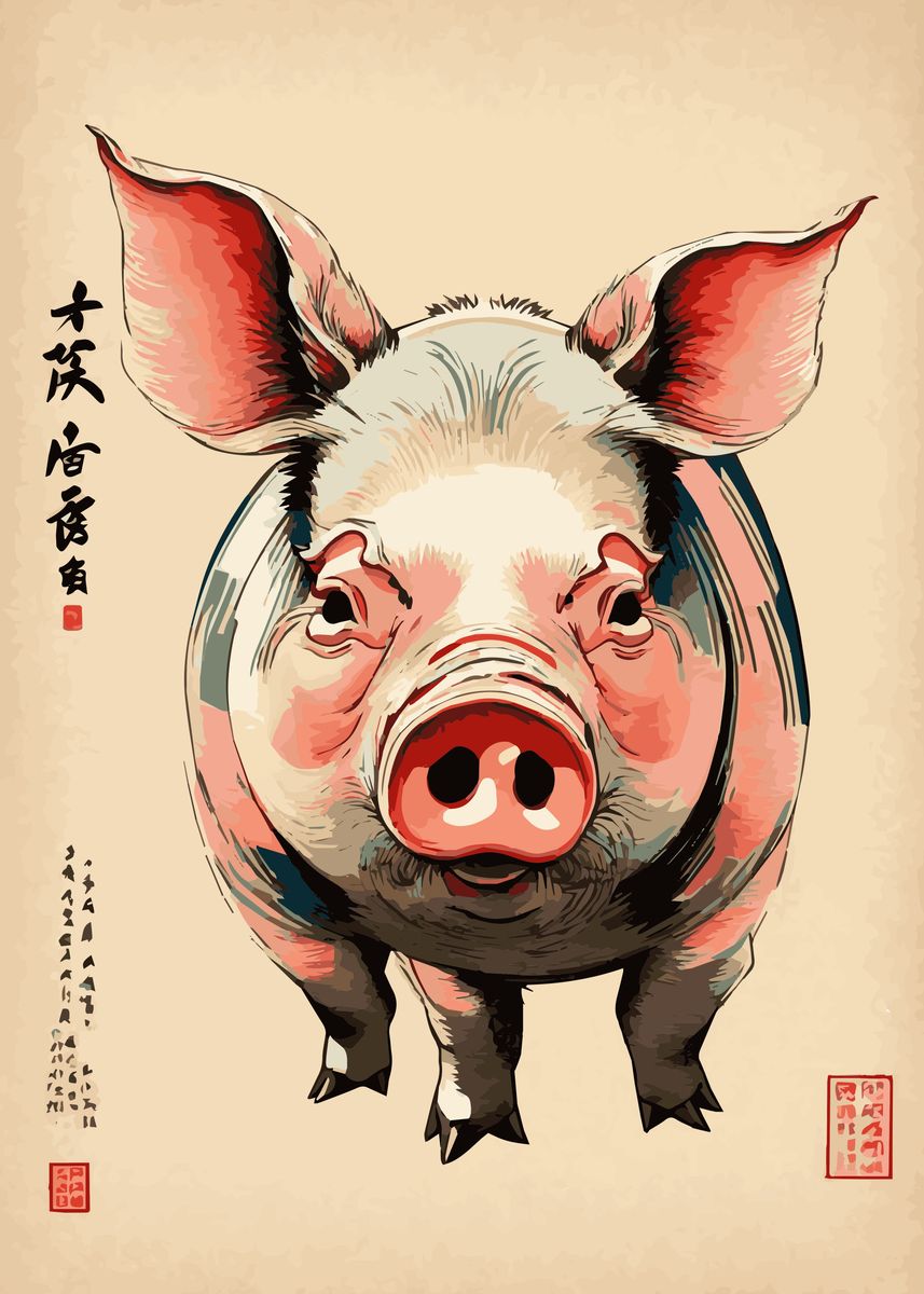 'Pig Japanese Chinese 2' Poster, picture, metal print, paint by ...
