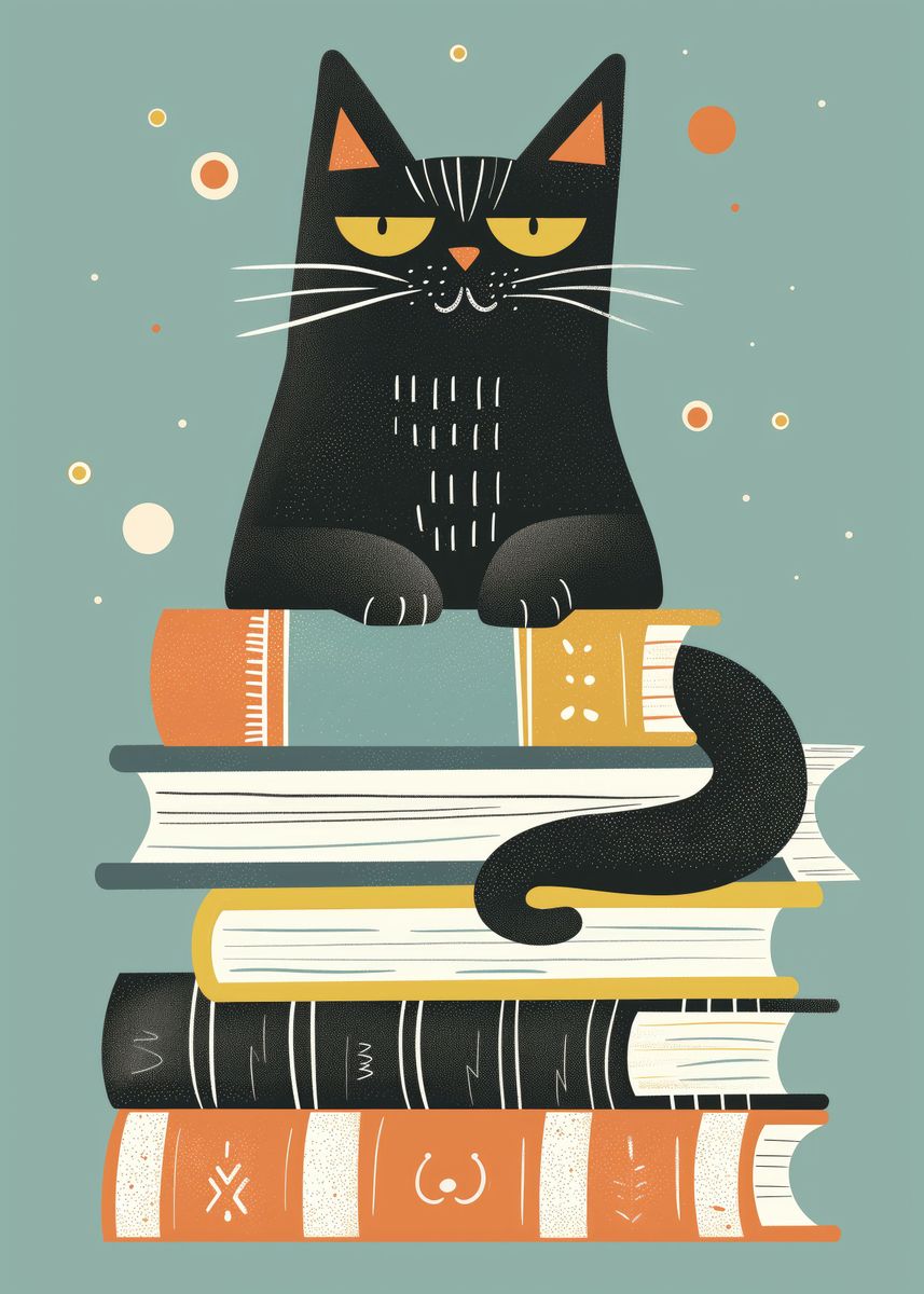'Cat with Books 1' Poster, picture, metal print, paint by HarmonicArt ...