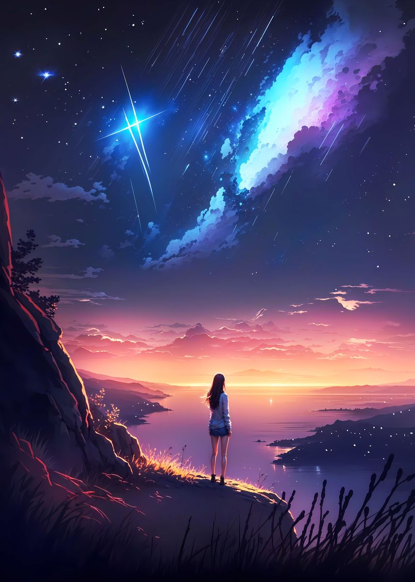 'Stargazing Anime Girl' Poster, picture, metal print, paint by Luong ...