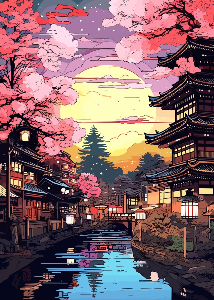 'sakura japan landscapes' Poster, picture, metal print, paint by Niky ...