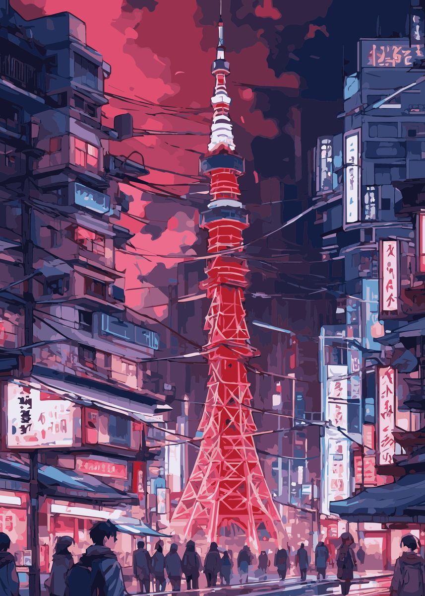 'Neon Japan Tokyo Tower 1' Poster, picture, metal print, paint by ...