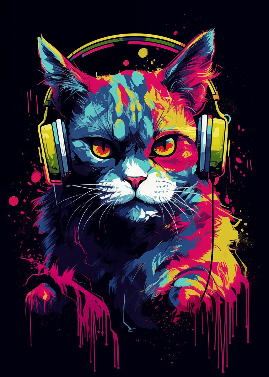 'Neon Cat Melody' Poster, picture, metal print, paint by HarmonicArt ...