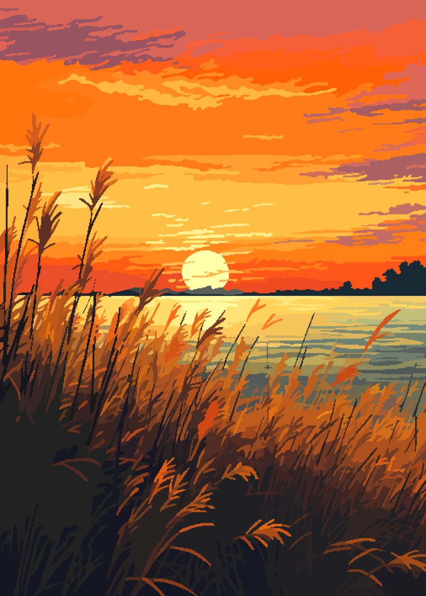 'Pixel Art Hayfield Sunset' Poster, picture, metal print, paint by ...