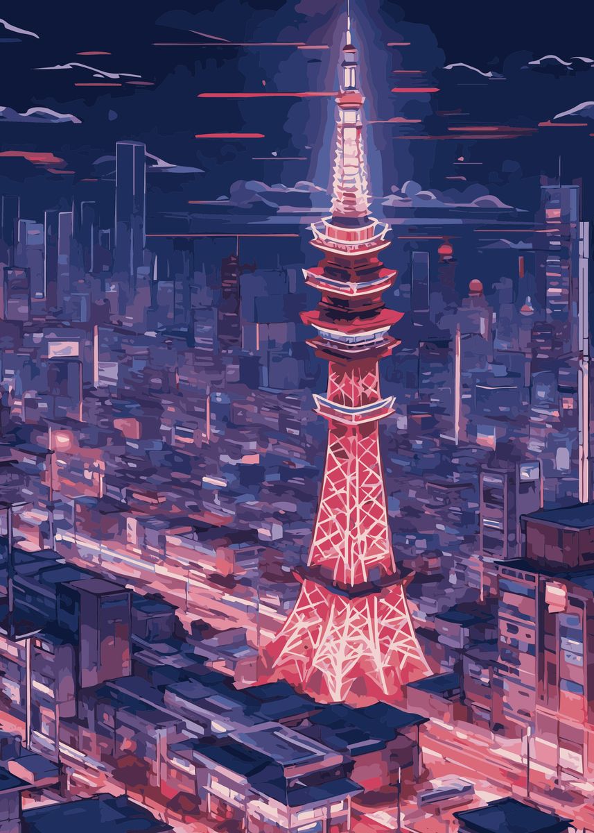 'Neon Japan Tokyo Tower 3' Poster, picture, metal print, paint by ...