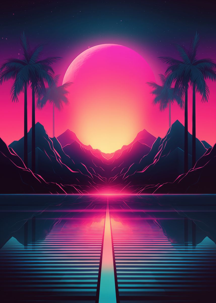 'Tropical Synthwave Scenery' Poster, picture, metal print, paint by ...