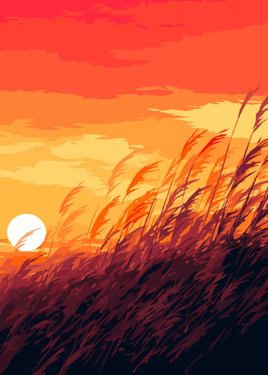 'Hayfield Sunset Pixel Art' Poster, picture, metal print, paint by ...
