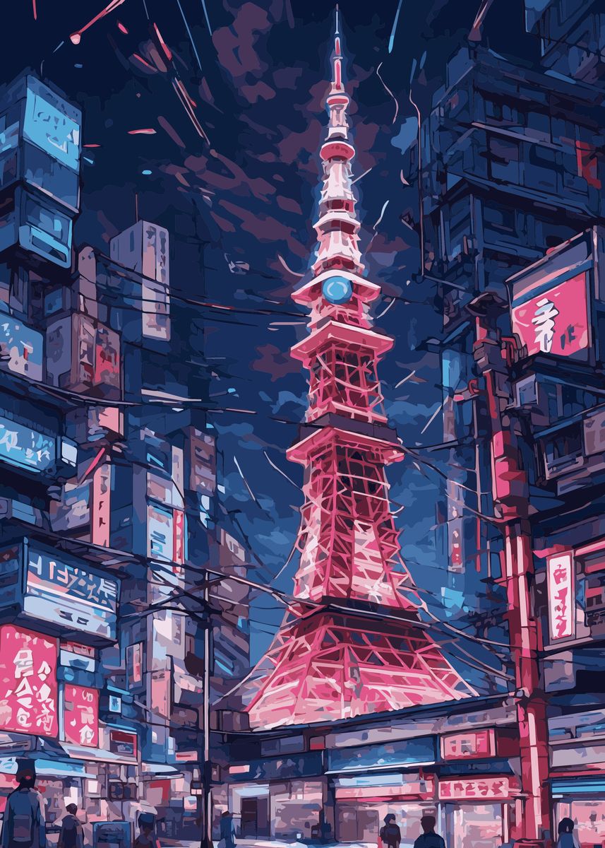 'Neon Japan Tokyo Tower 5' Poster, picture, metal print, paint by ...