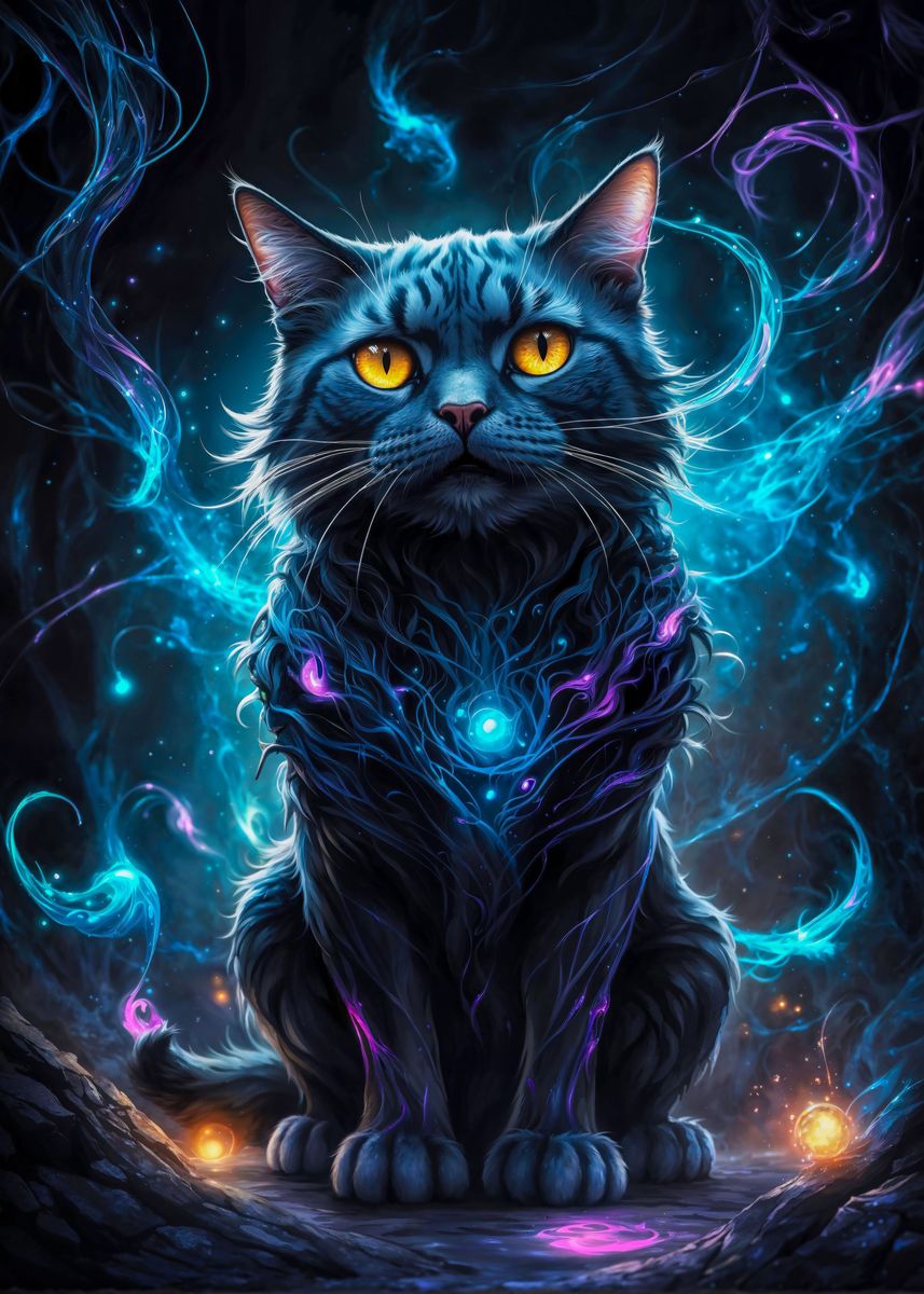 'Black Cat in Neon Space' Poster, picture, metal print, paint by ...