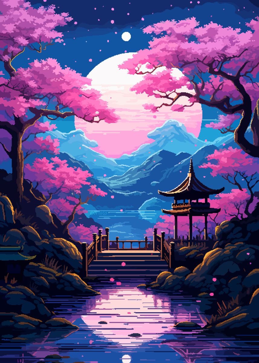 'Synthwave Garden Pixel Art' Poster, picture, metal print, paint by ...