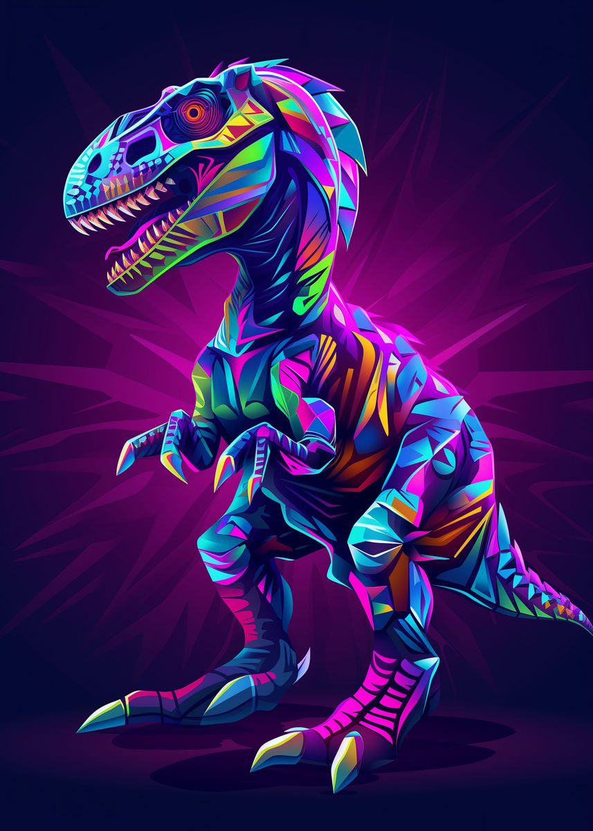 'Geometric Neon T Rex' Poster, picture, metal print, paint by ...