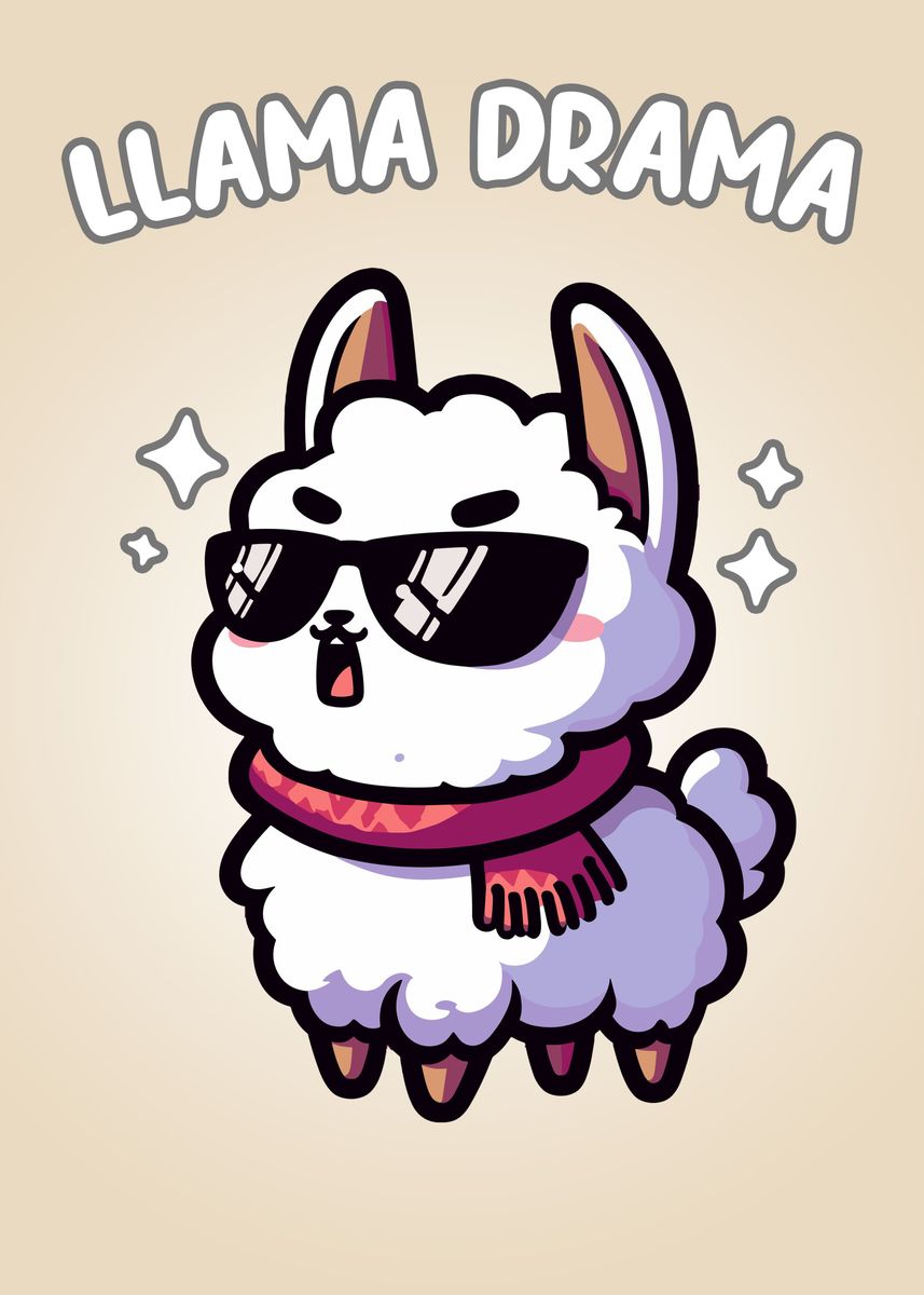 'Llama Drama' Poster, picture, metal print, paint by Mini Pandas | Displate