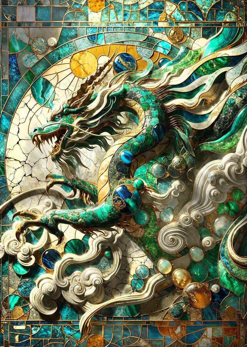 'Asian Jade Dragon Kintsugi' Poster, picture, metal print, paint by Pixaverse | Displate