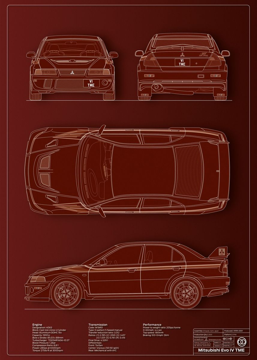 'Lancer Evo VI Blueprint' Poster, picture, metal print, paint by ...