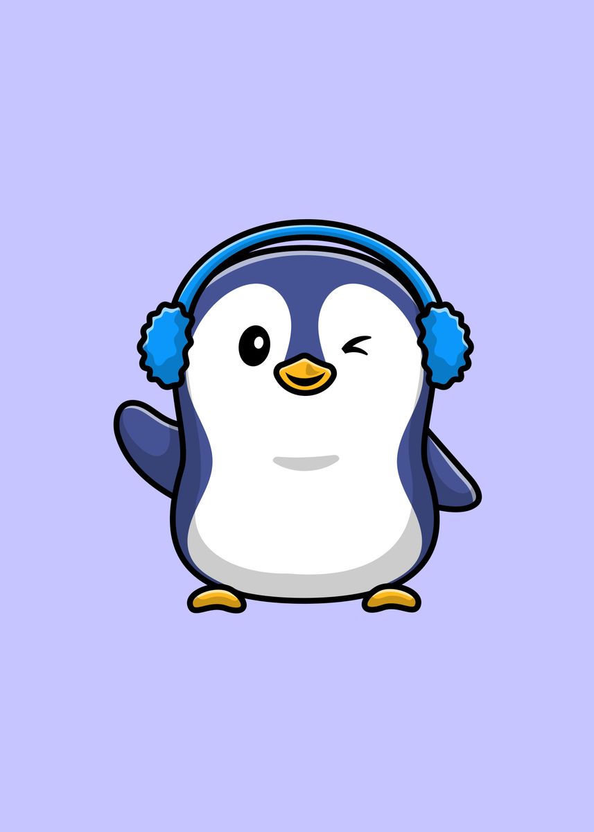 'Cute Penguin Using Earmuff' Poster, picture, metal print, paint by ...