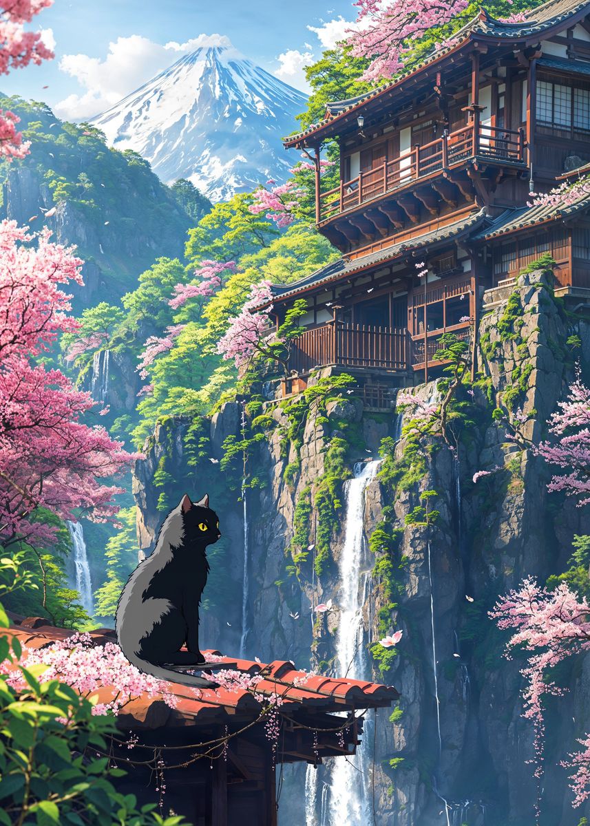 'Fujis Feline Hanami ' Poster, picture, metal print, paint by Pixaverse ...