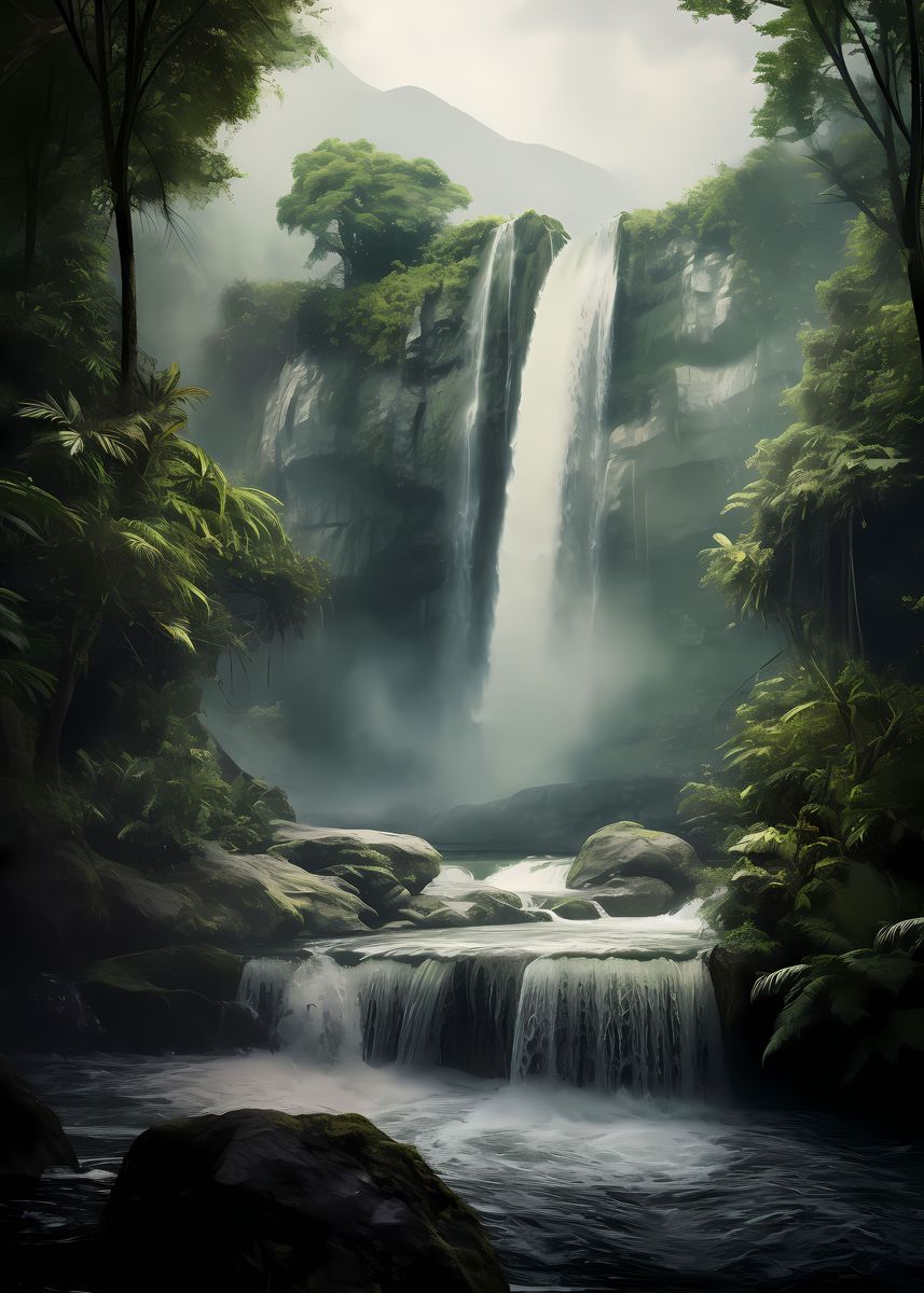 'Jungle Waterfall Nature' Poster, picture, metal print, paint by ...