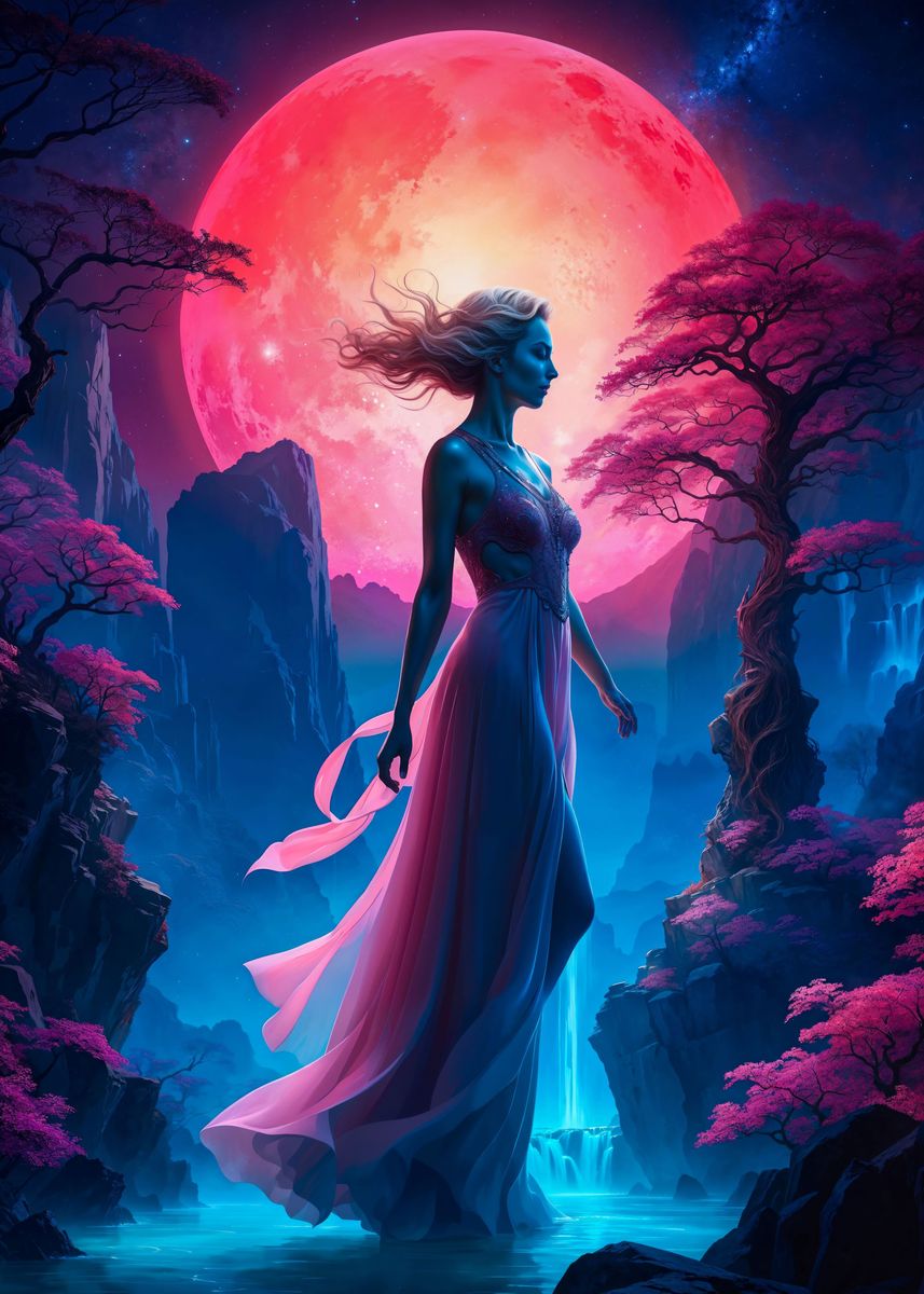 'Beautiful Red Moon Lady' Poster, picture, metal print, paint by ...