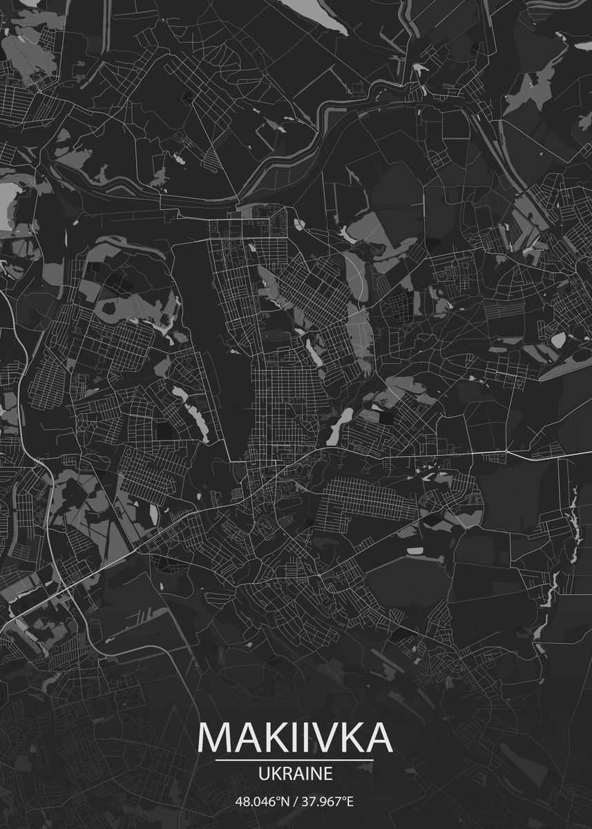 'Makiivka UA Dark Grey Map' Poster, picture, metal print, paint by Wall ...