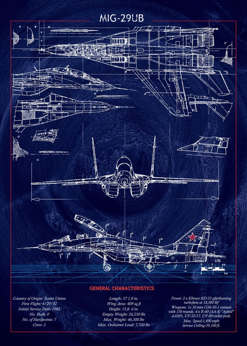 'Mig 29 blueprint ' Poster, picture, metal print, paint by DG ArtPrints ...