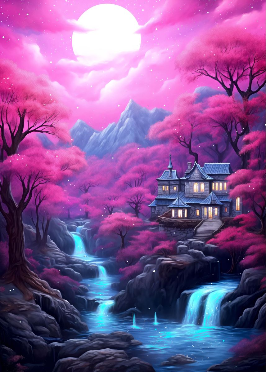 'Pink forest waterfalls' Poster, picture, metal print, paint by ...