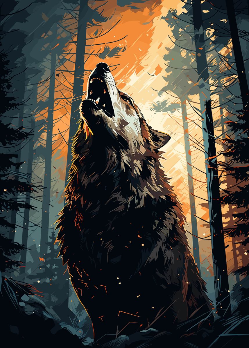 'Dusk Forest Wolf Howling' Poster, picture, metal print, paint by ...