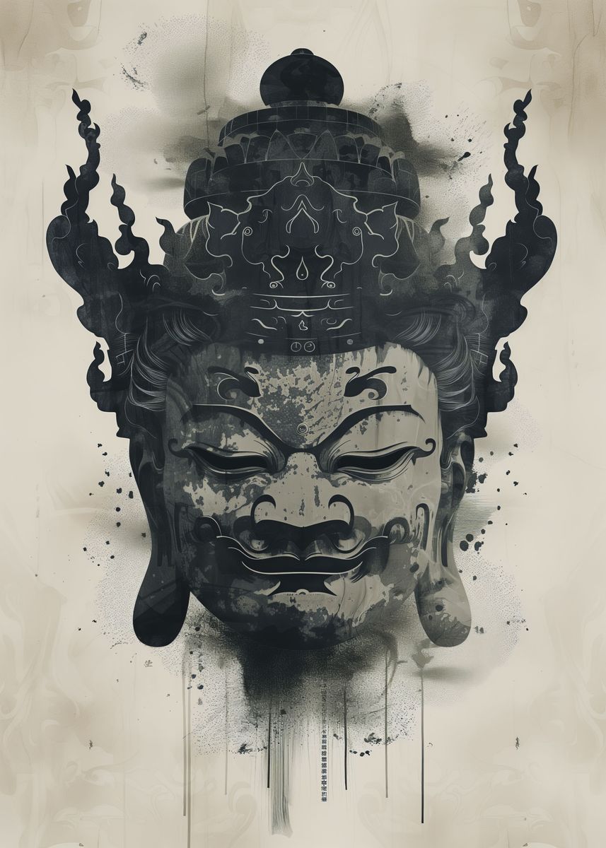 'Buddha Mask Ink Wash Manga' Poster, picture, metal print, paint by ...