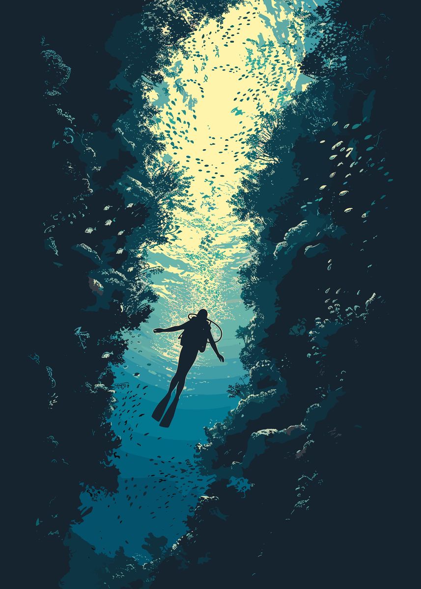'Diver ocean diving' Poster, picture, metal print, paint by Mesh | Displate