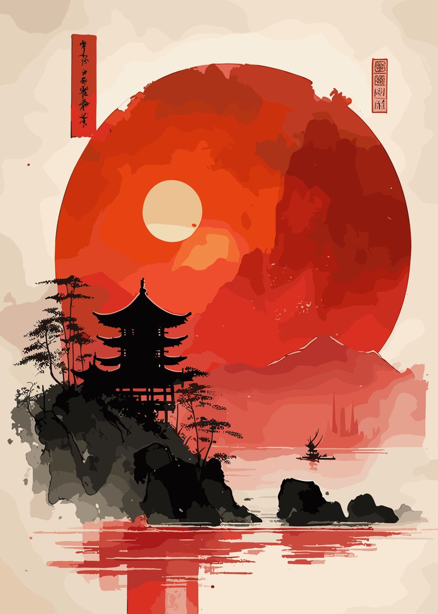 'Asian Red Sunset Landscape' Poster, picture, metal print, paint by ...