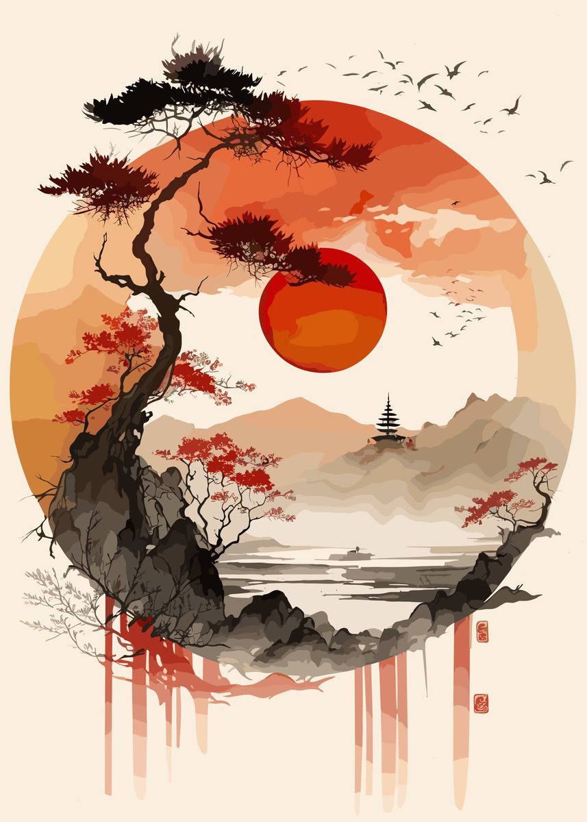 'Chinese Sunset Landscape' Poster, picture, metal print, paint by Maël ...