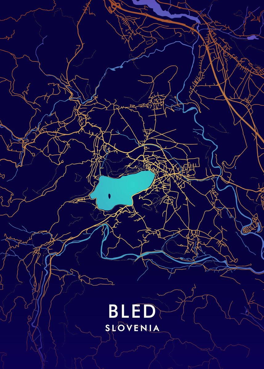 'Bled Slovenia Map' Poster, picture, metal print, paint by Miracle ...