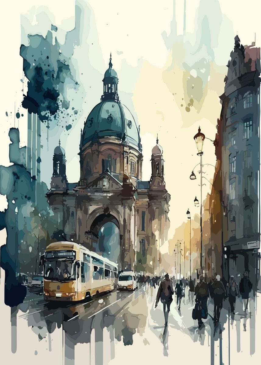 'Berlin Watercolor City ' Poster, picture, metal print, paint by Maël ...
