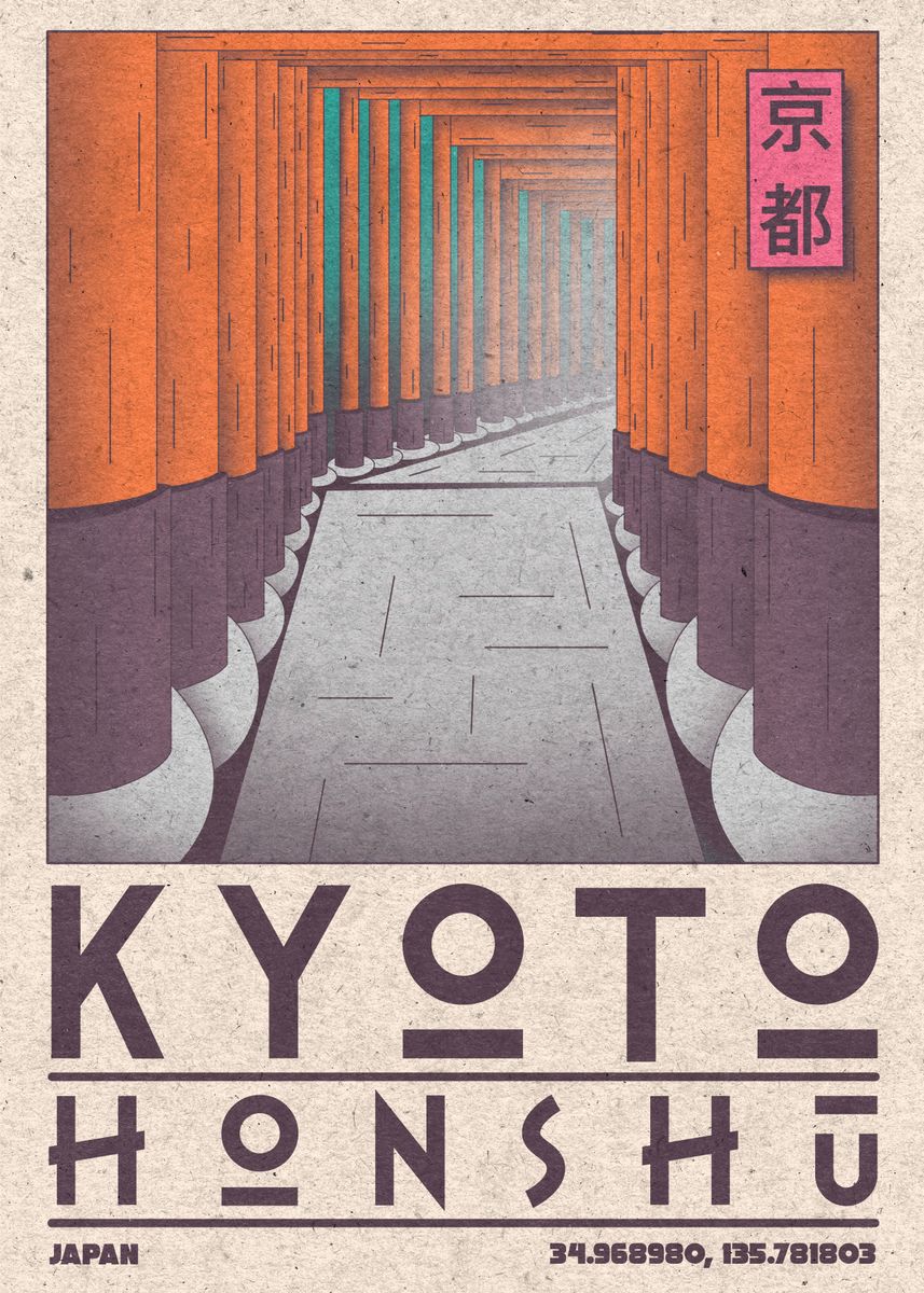 'Kyoto Retro Travel Poster' Poster, picture, metal print, paint by Jake ...